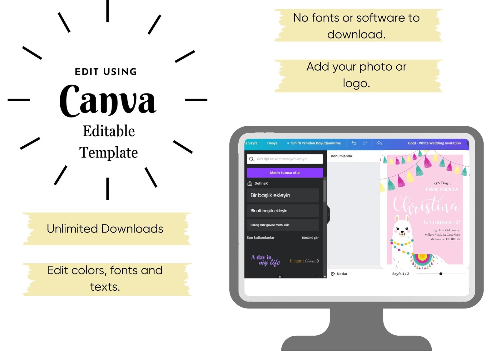 Llama Themed Pink Time Two Fiesta Birthday Party Invitation ...