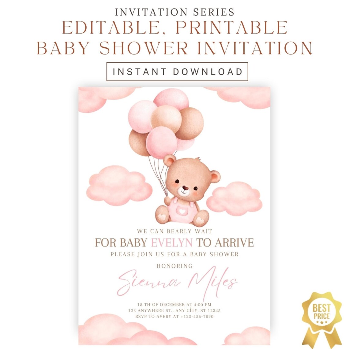 Pink It's a Girl Teddy Bear Balloons Clouds Editable Printable Baby ...