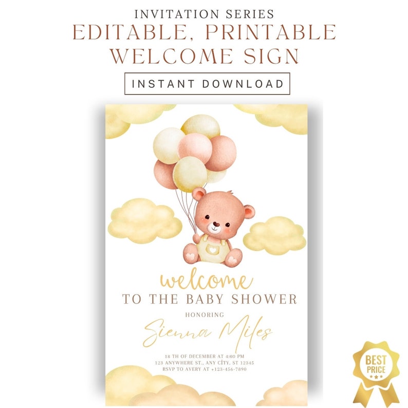 Editable Teddy Bear Baby Shower Welcome Sign, Yellow Balloon, 24x36 ...