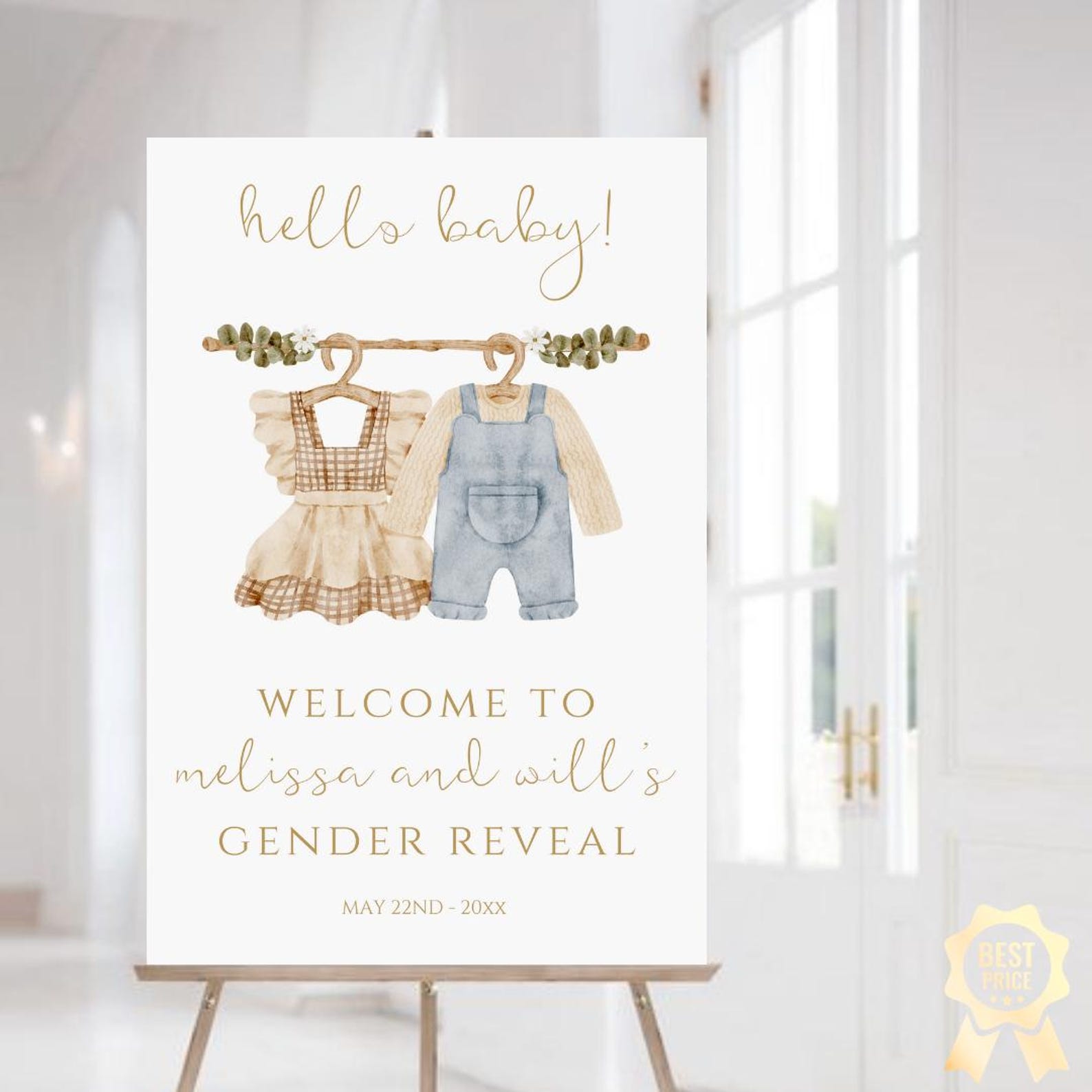 Gender Reveal Welcome Poster Editable Printable 24x36 Boho Old School 7640