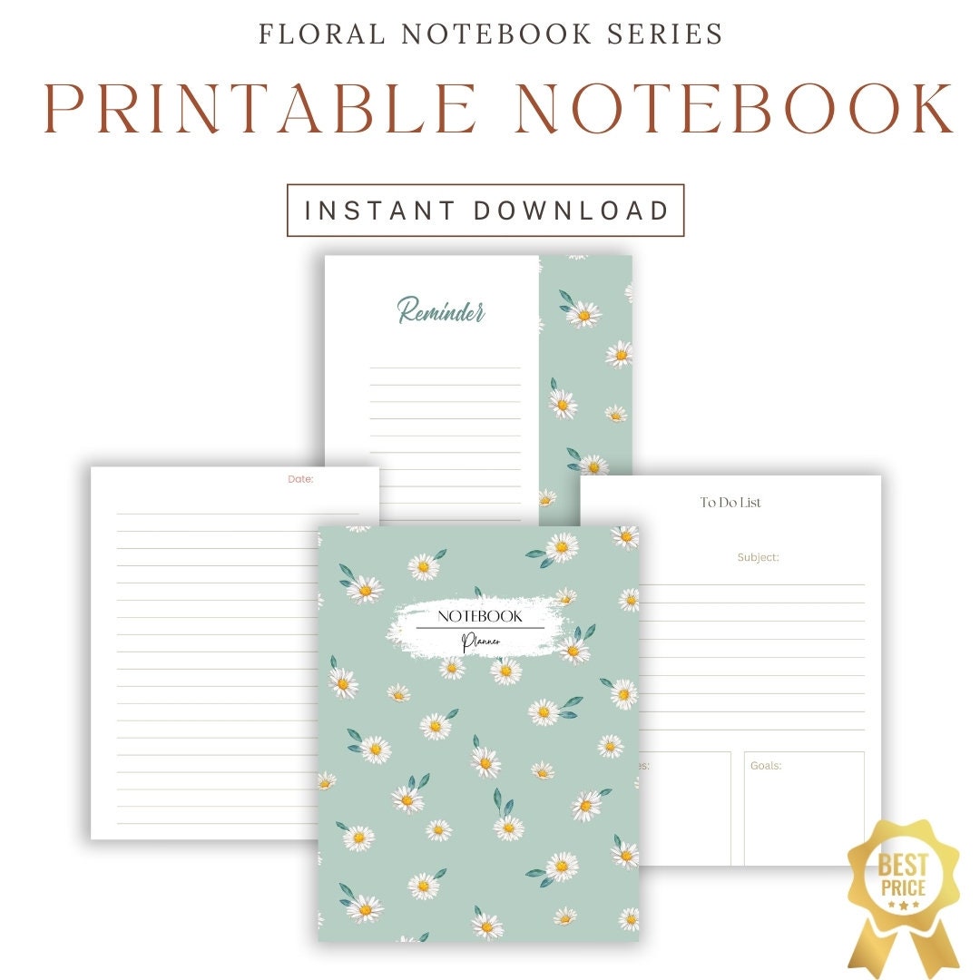 Floral Printable Notebook, Printable Notebook Bundle, Daisy, Calender ...