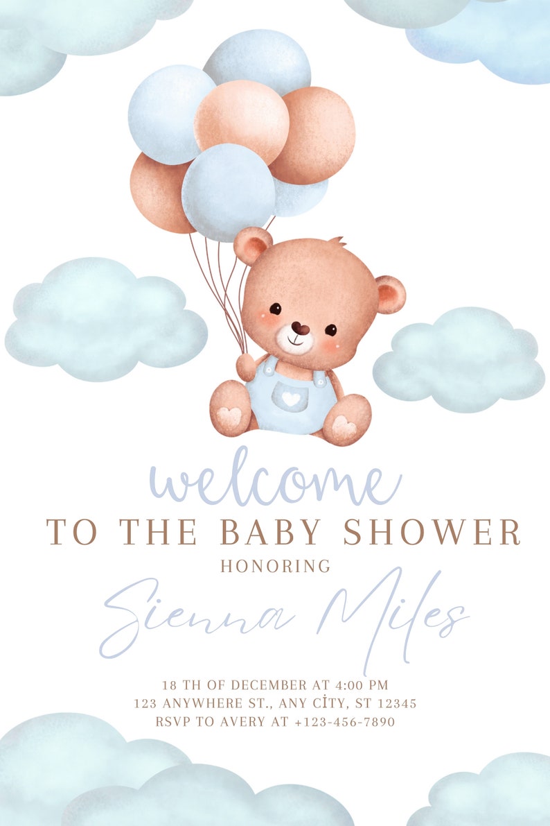 Editable Teddy Bear Baby Shower Welcome Sign, Blue Balloon, 24x36 ...