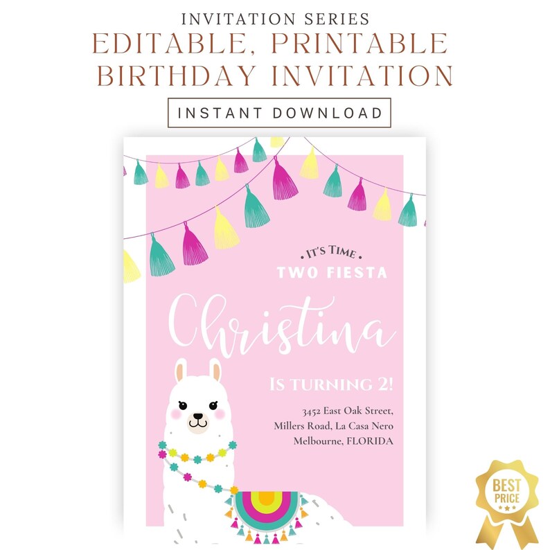 Llama Themed Pink Time Two Fiesta Birthday Party Invitation ...