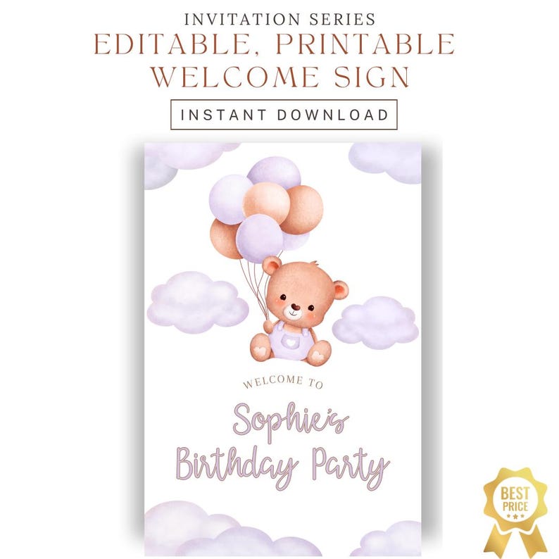 Cute Teddy Bear and Balloons Clouds Baby Birthdya Welcome Sign 24x36 ...