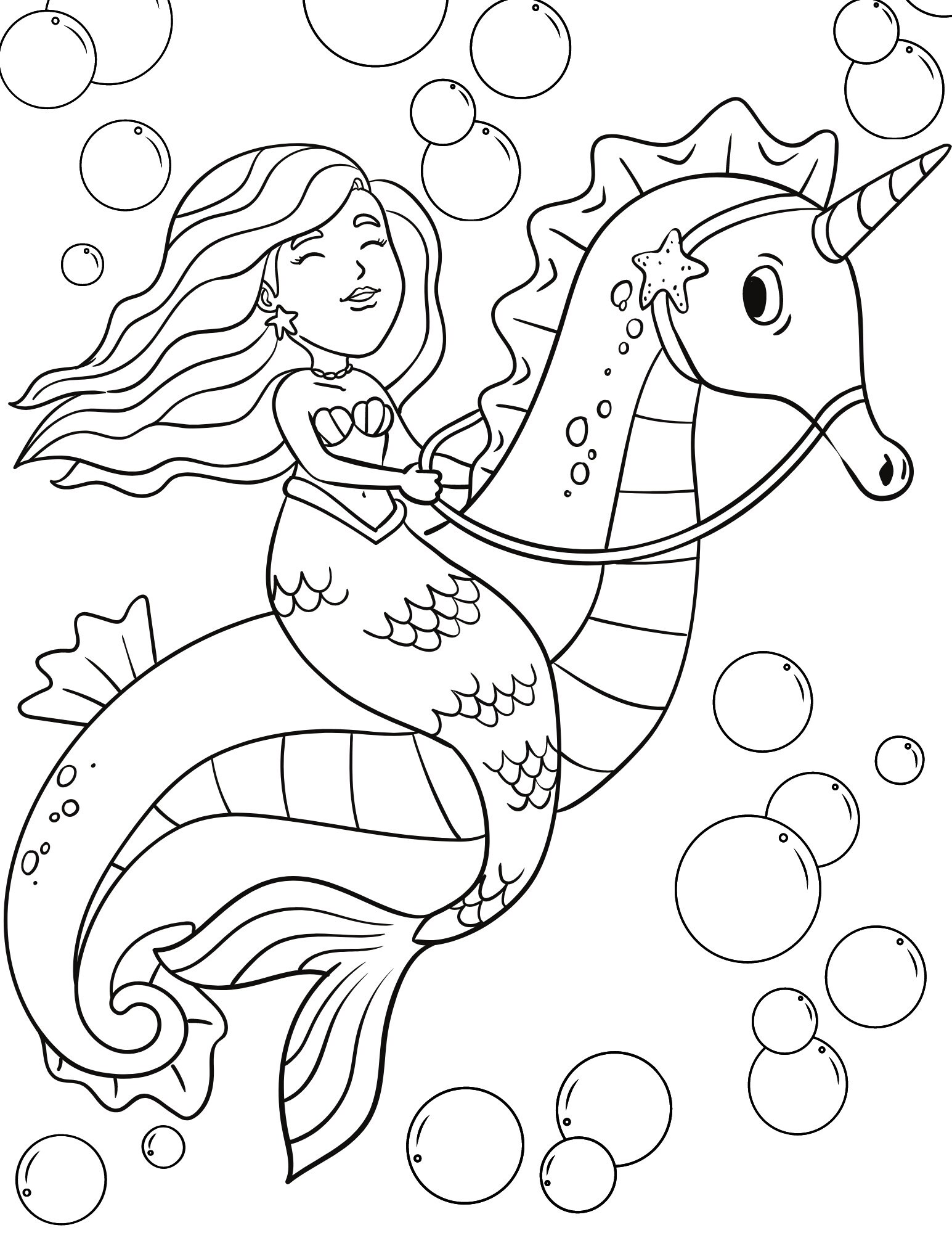 Serene Mermaid Coloring Pages With Bubbles - Set of 3 Relaxing Sea Life ...