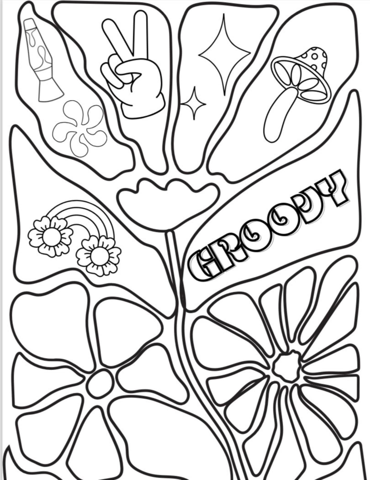 Groovy 70s-inspired Coloring Page - Retro Floral Design - Printable ...