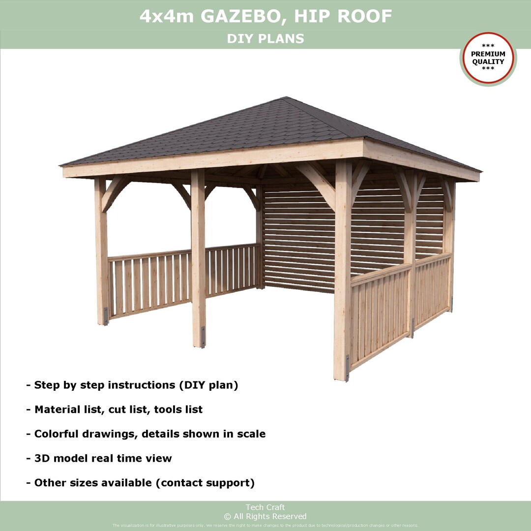 4x4m GAZEBO DIY Plans PDF Pergola Pavilion Shingle Hip Roof Digital ...