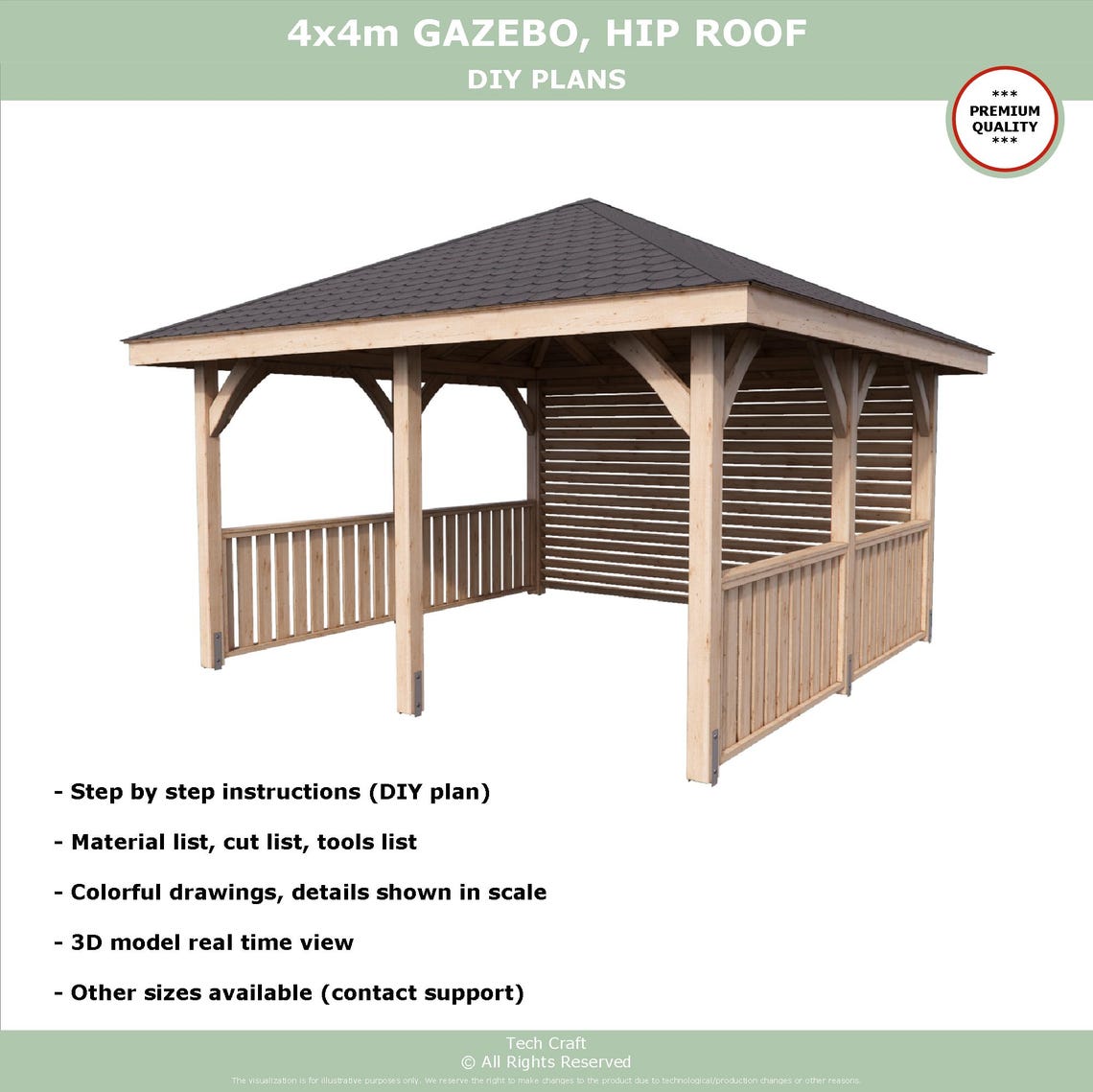 4x4m GAZEBO DIY Plans PDF Pergola Pavilion Shingle Hip Roof Digital ...