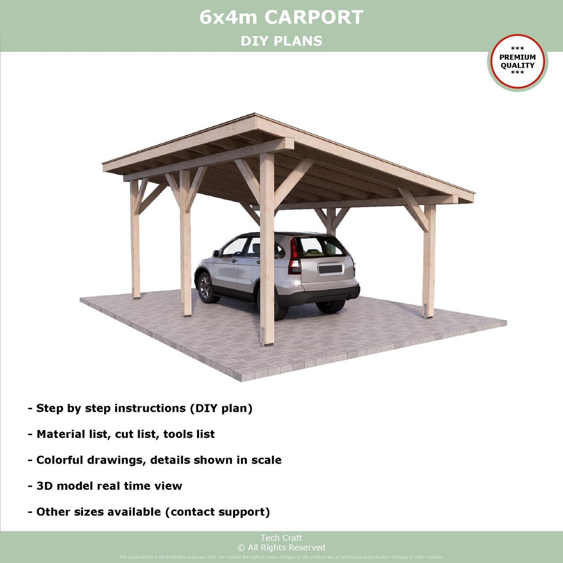 6x4m LEAN to CARPORT Diy Plans PDF Garage Pergola Patio Shingle Roof ...