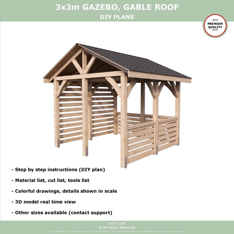 3x3m GAZEBO DIY Plans PDF Pergola Pavilion Shingle Gable Roof Digital Download Outdoor ...