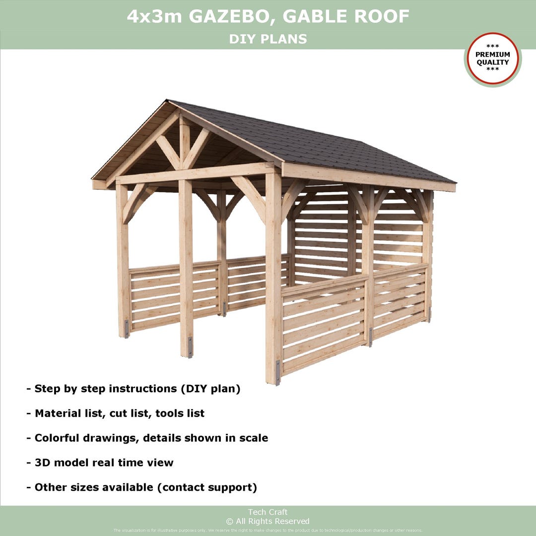 4x3m GAZEBO DIY Plans PDF Pergola Pavilion Shingle Gable Roof Digital ...