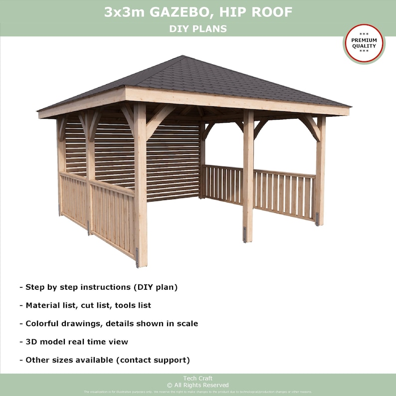 3x3m GAZEBO DIY Plans PDF Pergola Pavilion Shingle Hip Roof Digital ...