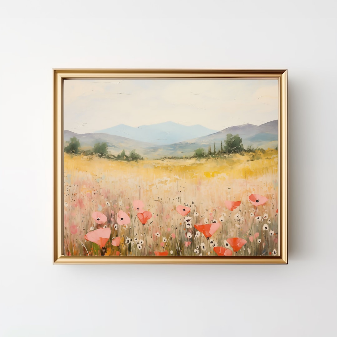Poppy Fields Print, Vintage Landscape Wall Art, Oil Painting, Warm ...