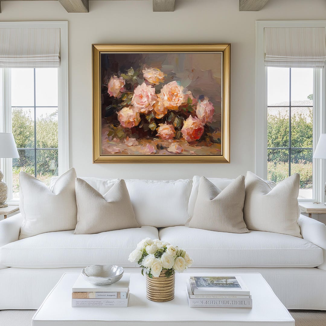 Pink Roses on Table Oil Painting, Vintage Floral Still Life Artwork ...