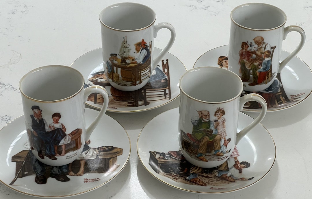 VINTAGE SET of 4 Norman Rockwell Coffee Mugs Cups AND Plates W/ White ...