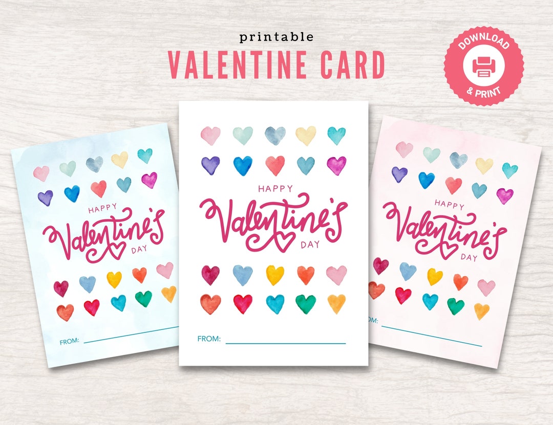 Kids Valentine Cards | Watercolor Hearts, School Valentines (printable ...