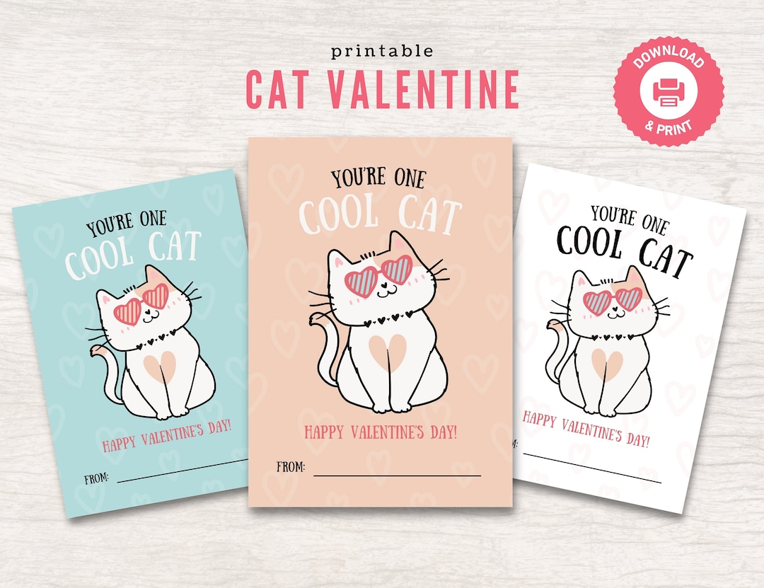 Cat Valentine's Day Printable Valentine Exchange Cards Kids Cool Cat ...