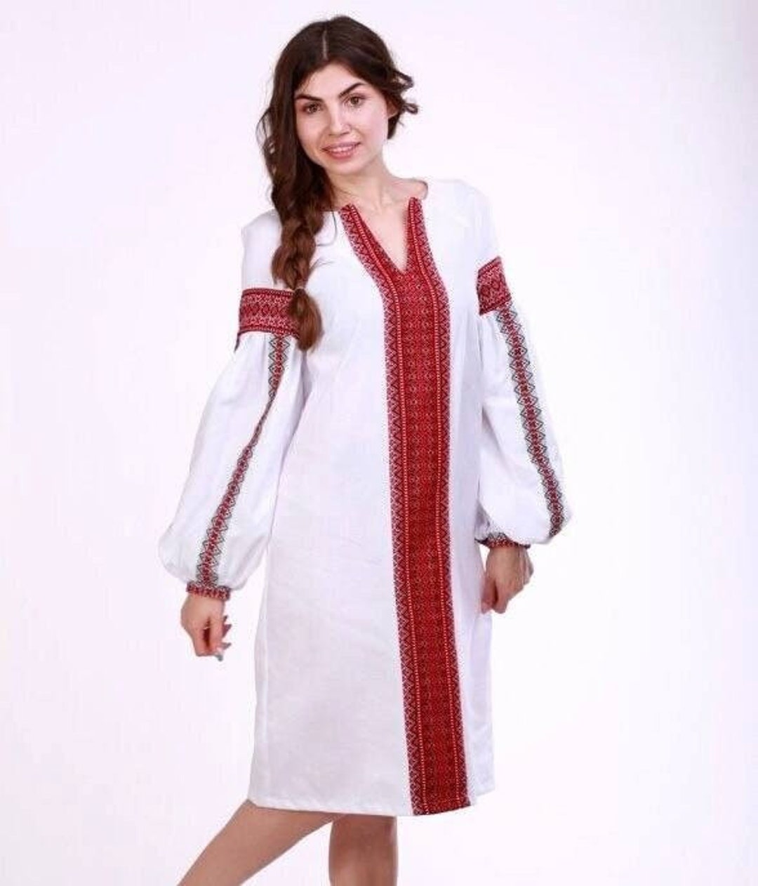 White Dress for Woman Ukrainian-inspired Dress With Red Embroidery ...