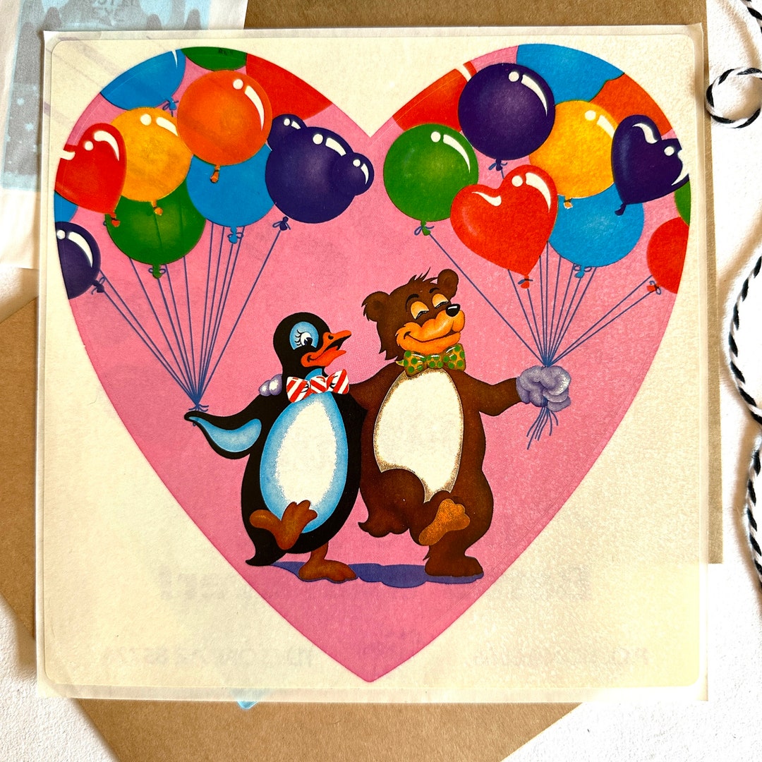 Vintage 80s Lisa Frank Jumbo Pink Heart Sticker, Penguin & Bear Holding ...