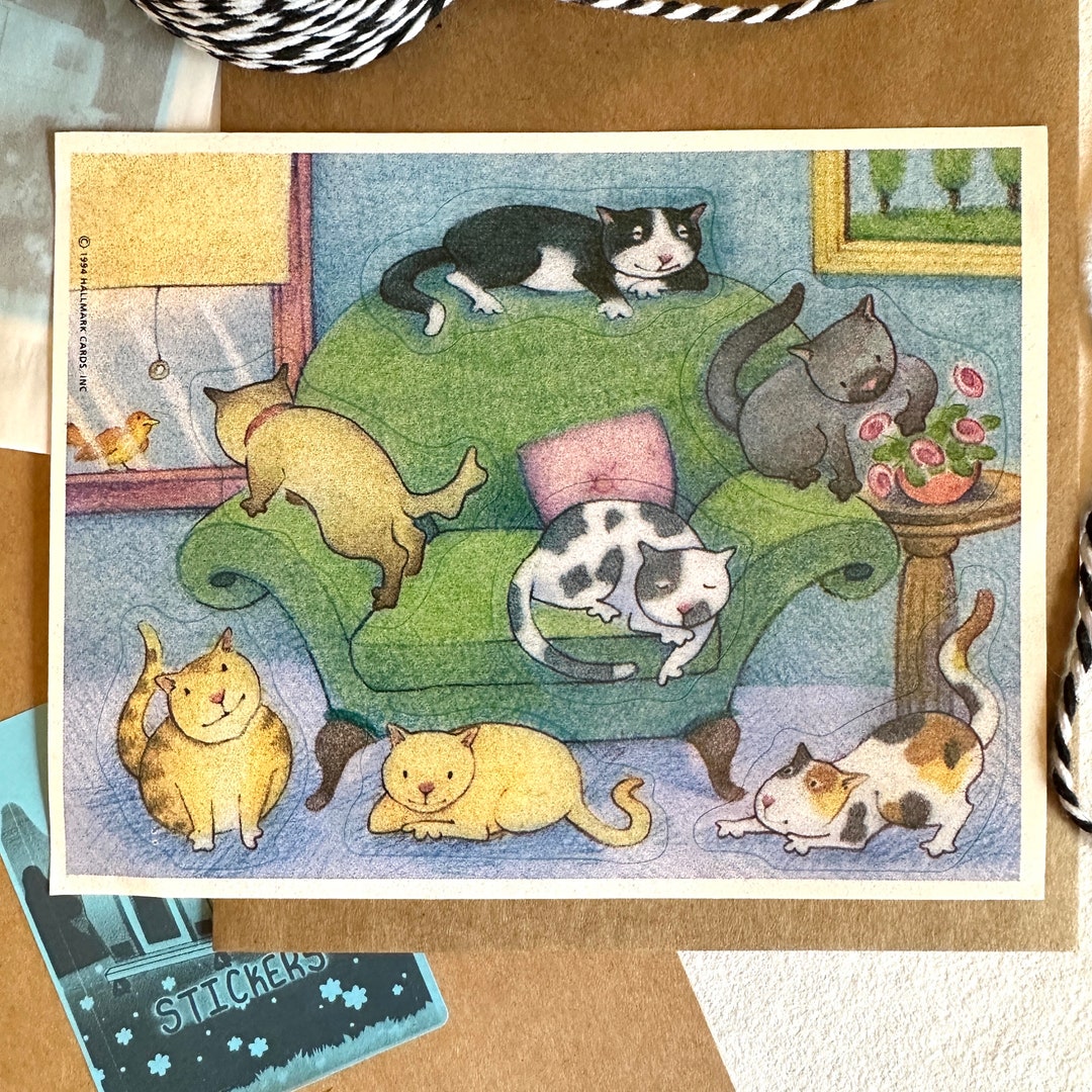 Vintage 90’s Cozy Livingroom Scene Cats Hallmark Stickers, Adorable ...