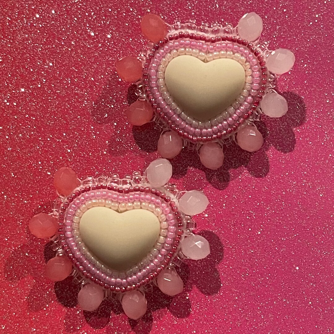 White and Pink Heart Flat Stitch Earrings - Etsy