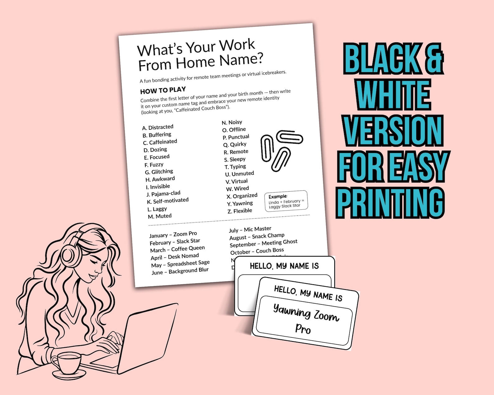 WFH Name Game Printable, Funny Work From Home Icebreaker + Name Tags ...
