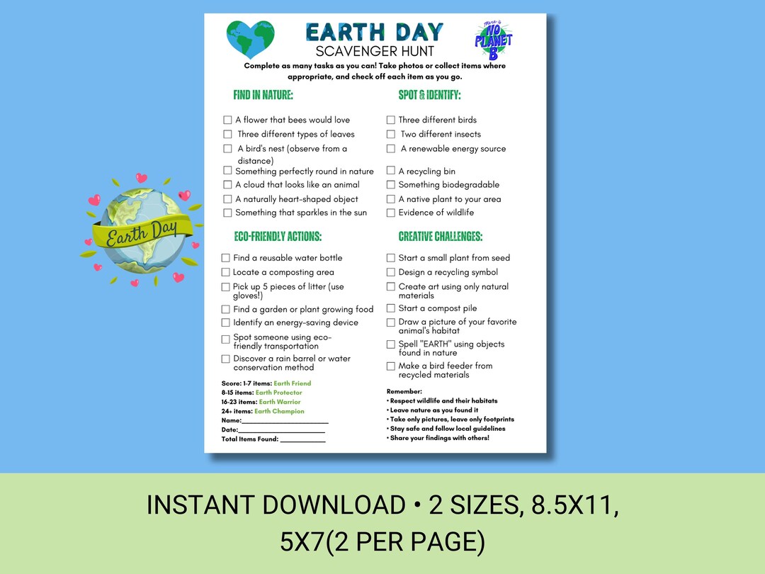 Earth Day Scavenger Hunt for Older Kids & Adults, Earth Day Printable ...