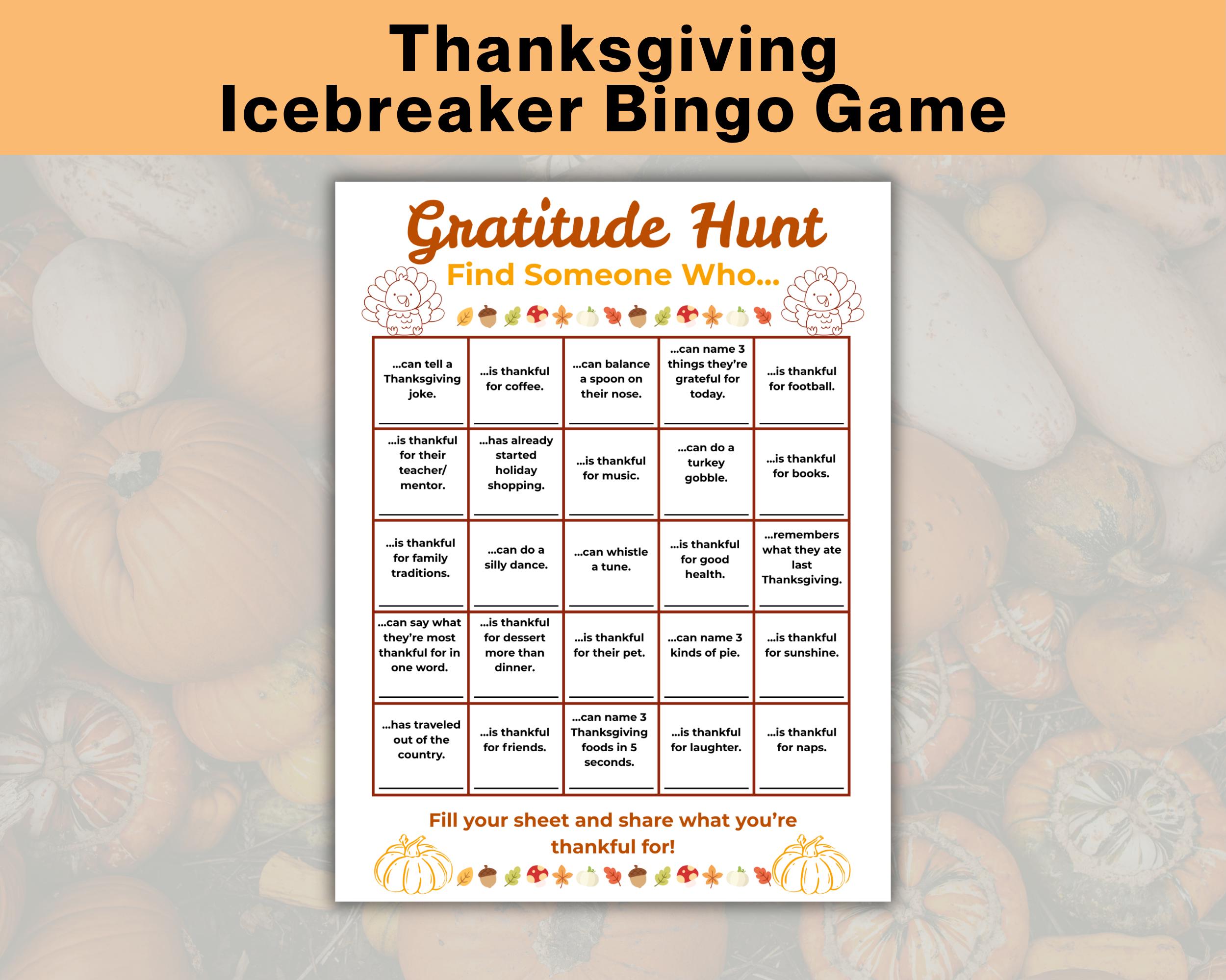 Find Someone Who Bingo Icebreaker, Thanksgiving Gratitude Game ...