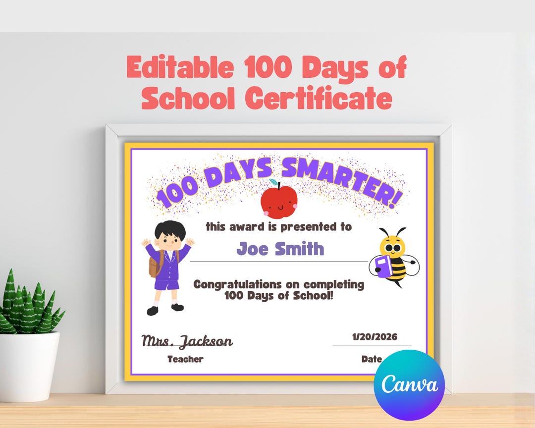 100th Day of School Certificate, Reward for Being 100 Days Smarter, Fun ...