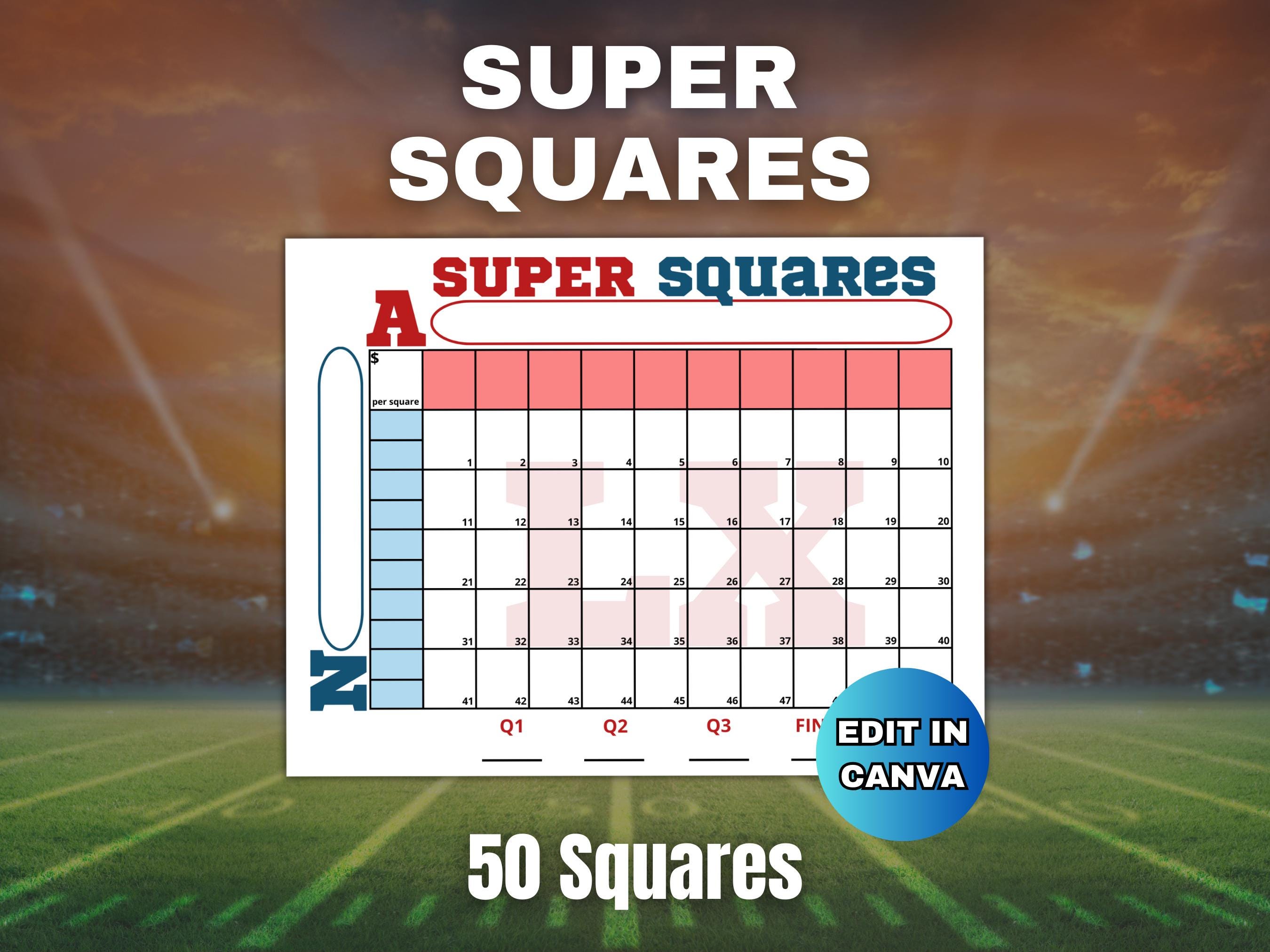 50 Super Football Bowl Squares, Printable Big Game Squares, Edit in ...