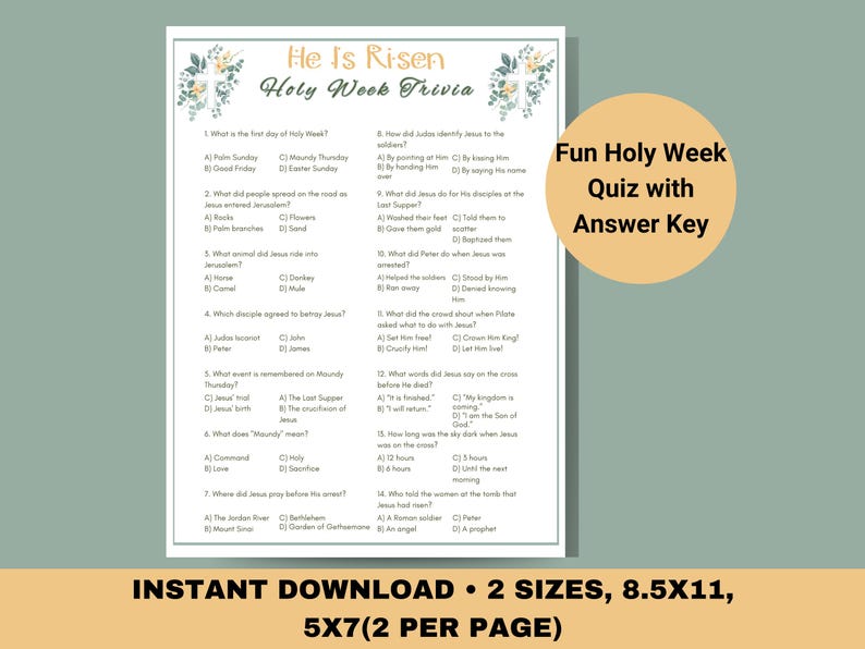 Holy Week Trivia, Easter Printable Game, Bible Quiz for Kids & Adults ...