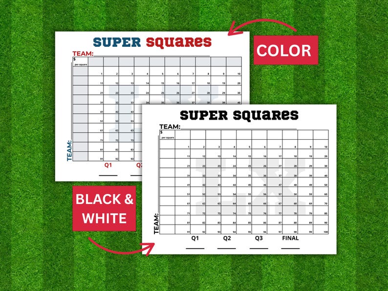 100 Super Football Bowl Squares, Printable Big Game Squares, Football ...