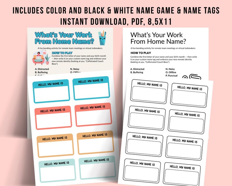 WFH Name Game Printable, Funny Work From Home Icebreaker + Name Tags ...
