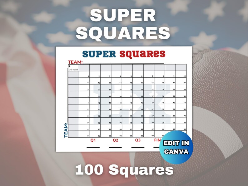 100 Super Football Bowl Squares, Printable Big Game Squares, Football ...