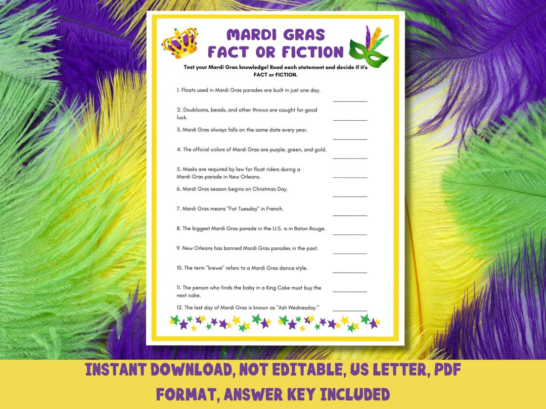 Mardi Gras Fact or Fiction Game, Mardi Gras Themed Party, Fat Tuesday ...