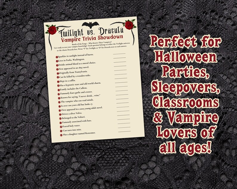 Twilight Vs Dracula, Vampire Trivia Game Printable, Halloween Party ...