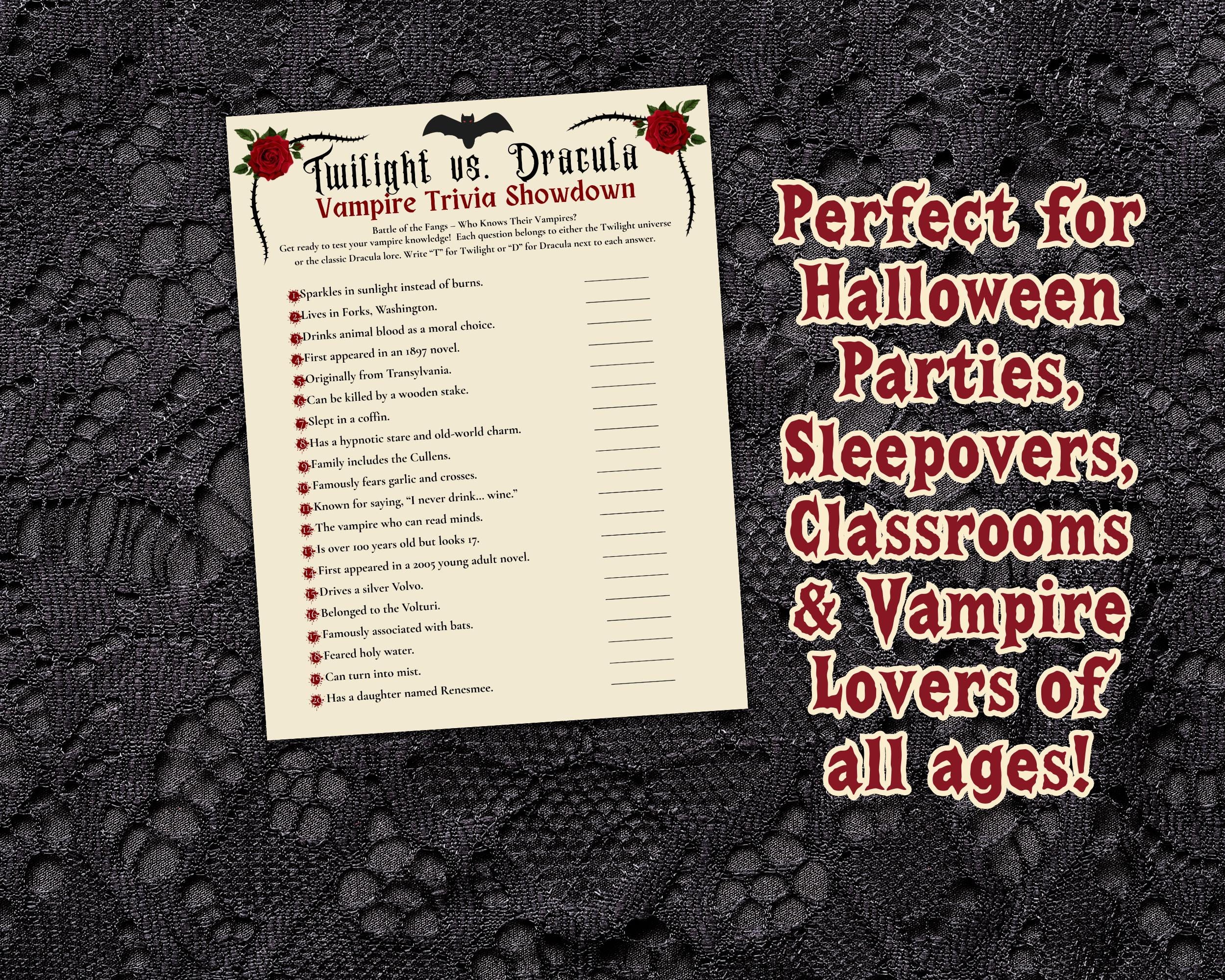 Twilight Vs Dracula, Vampire Trivia Game Printable, Halloween Party ...