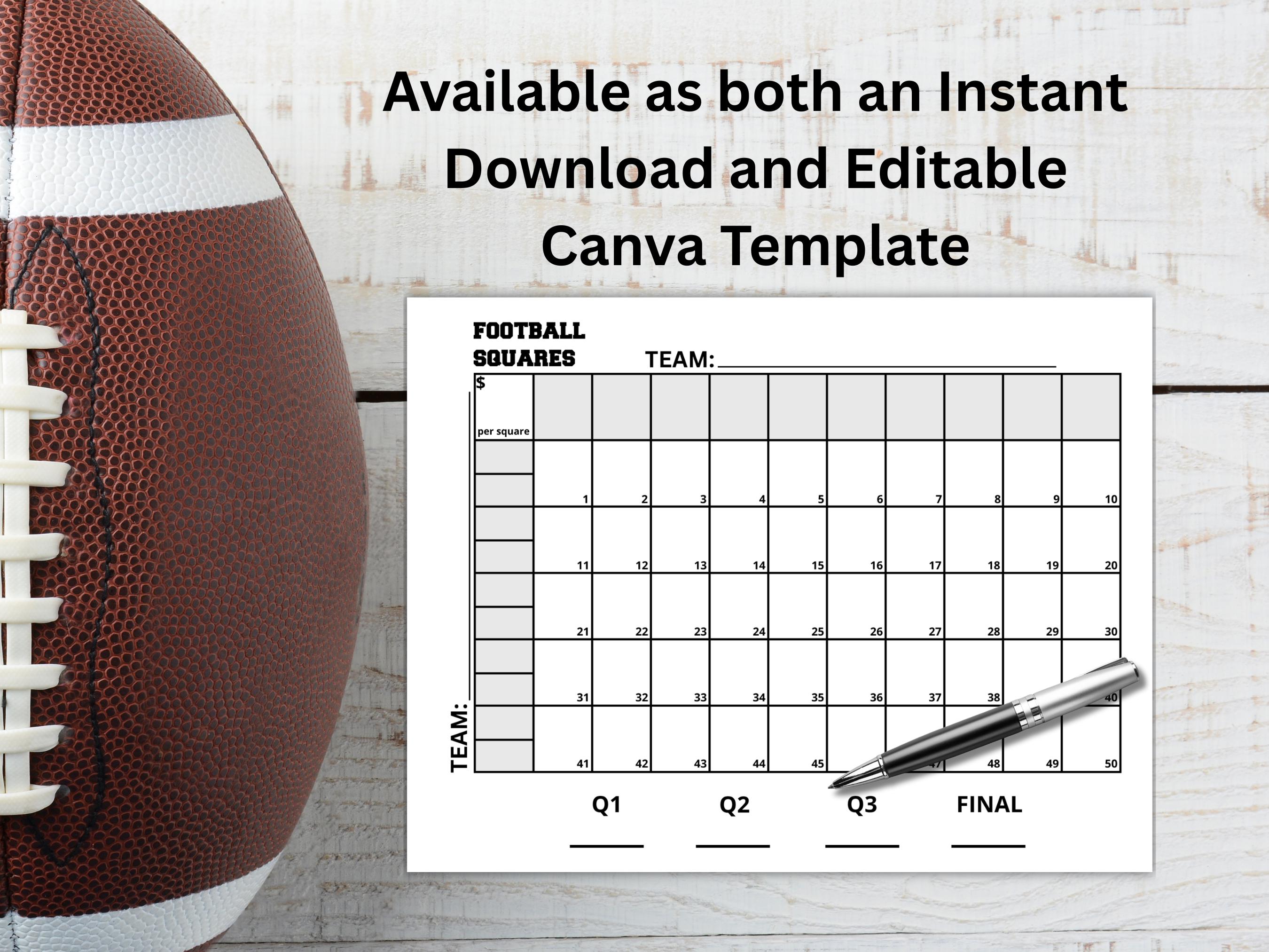 50 Football Squares Editable & Printable, Office Football Pool, Square ...