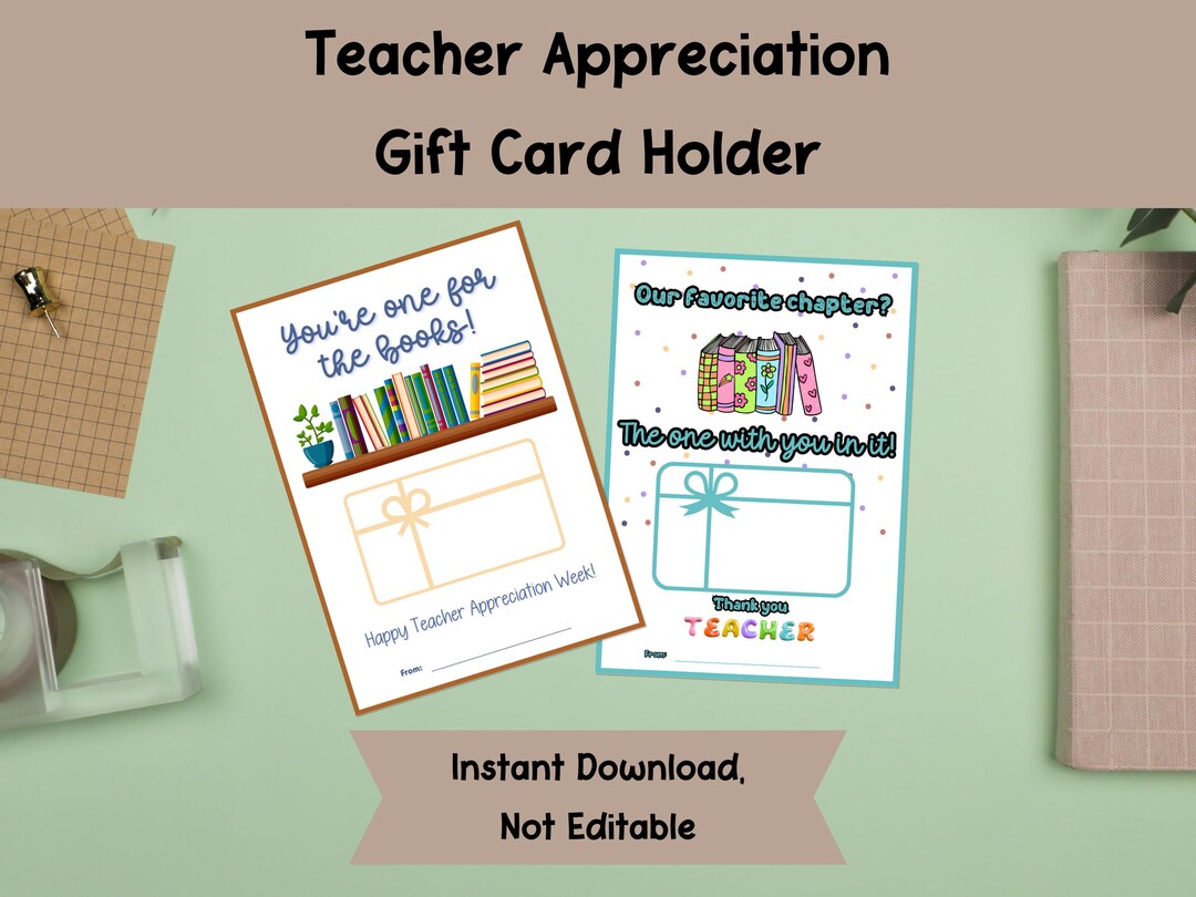 Teacher Appreciation Gift Card Holder Printable, Book Theme Teacher ...