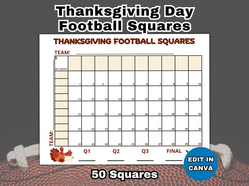50 Thanksgiving Football Squares Game, Printable Office Pool (editable ...