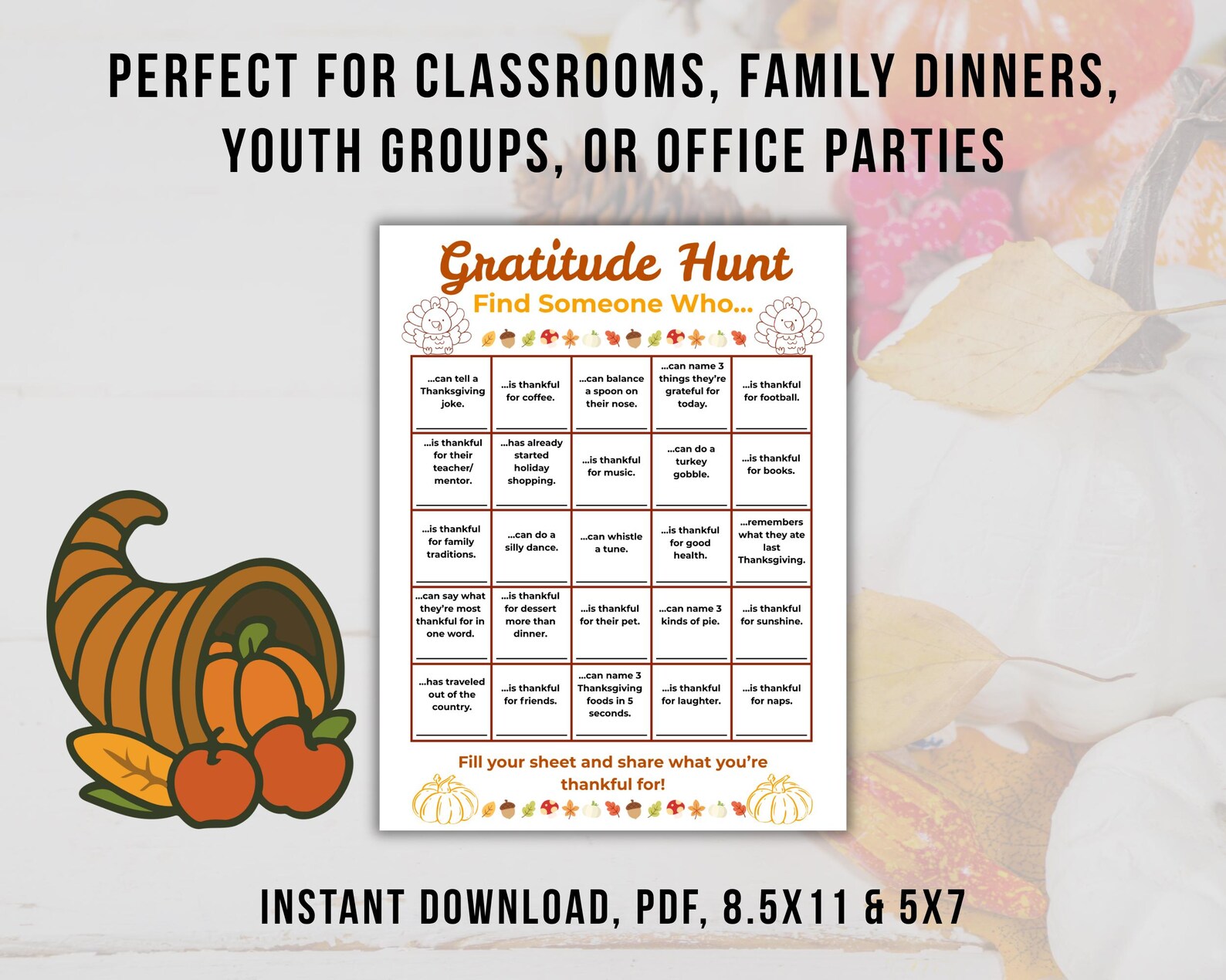Find Someone Who Bingo Icebreaker, Thanksgiving Gratitude Game ...