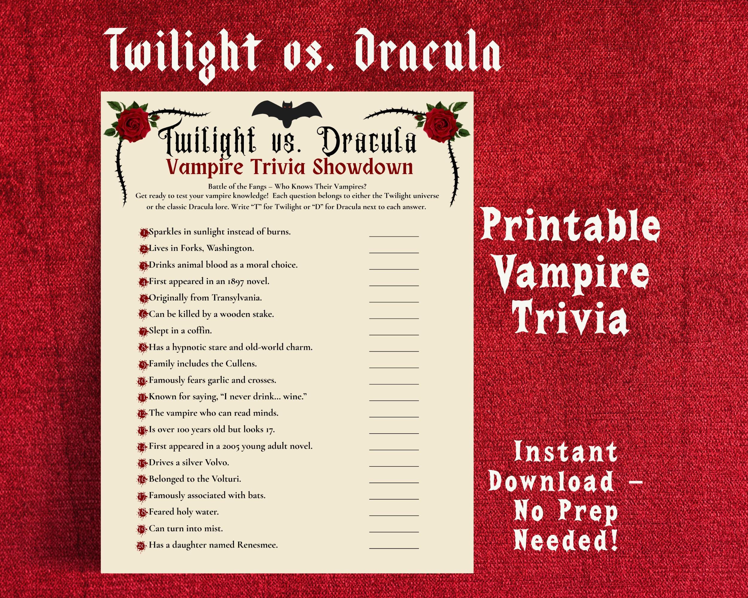 Twilight Vs Dracula, Vampire Trivia Game Printable, Halloween Party ...