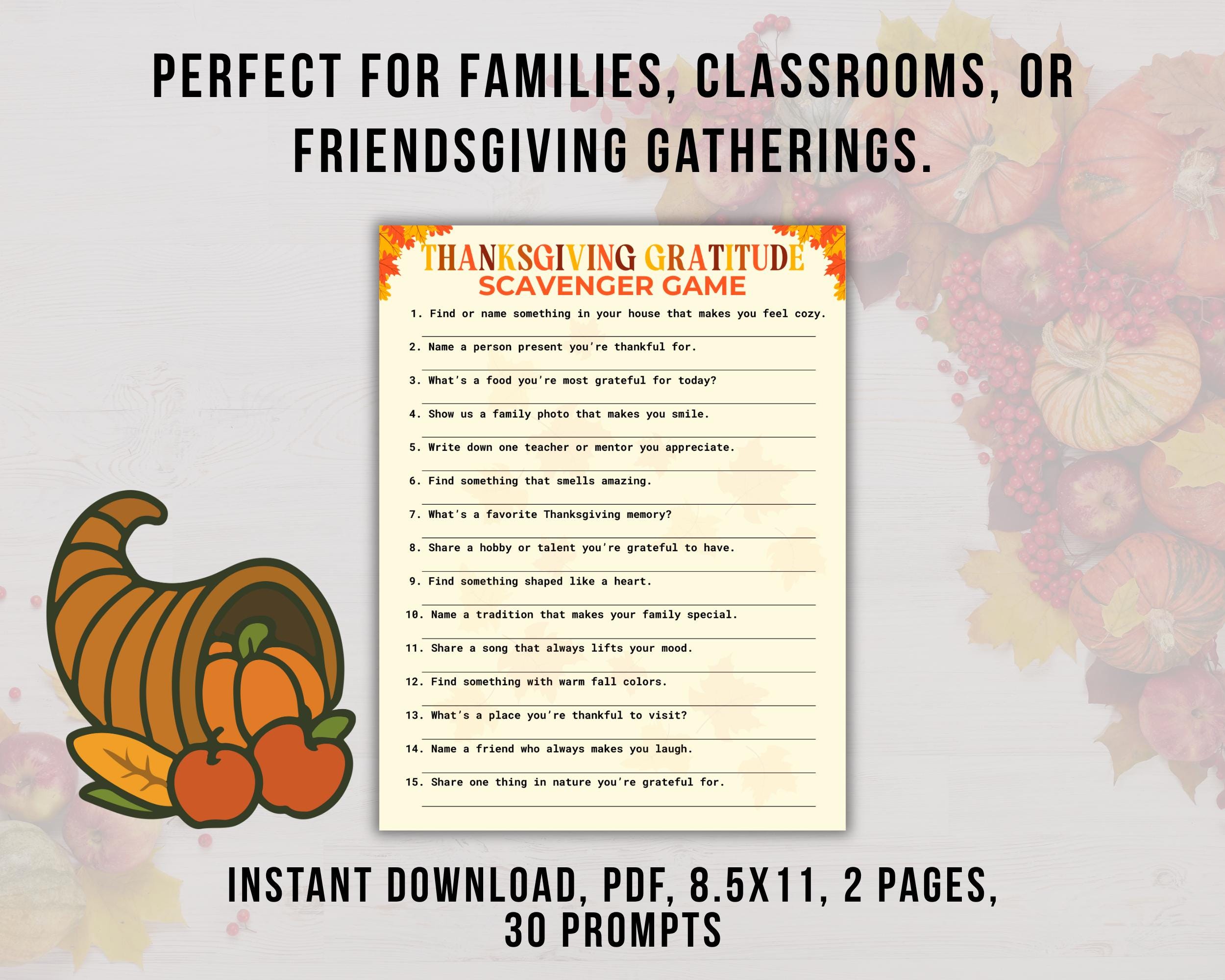 Thanksgiving Gratitude Game, Printable Thanksgiving Activity, Fall ...