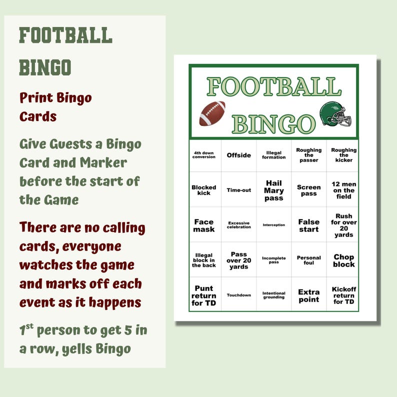 Football Bingo, 30 Unique Printable Cards, Big Game Activity (instant ...