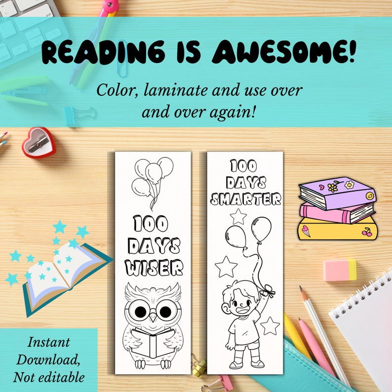 100th Day of School Coloring Bookmarks, Fun Kids Coloring Activity, 4 ...