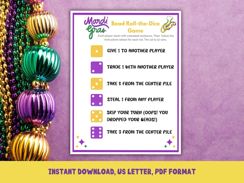 Mardi Gras Bead Roll-the-dice Game, Fun Mardi Gras Activity for Kids ...
