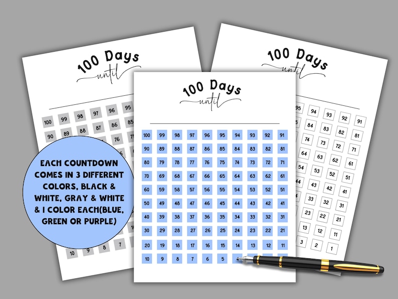 30, 60, 100 Day Printable Countdown Tracker, Countdown for Vacation ...