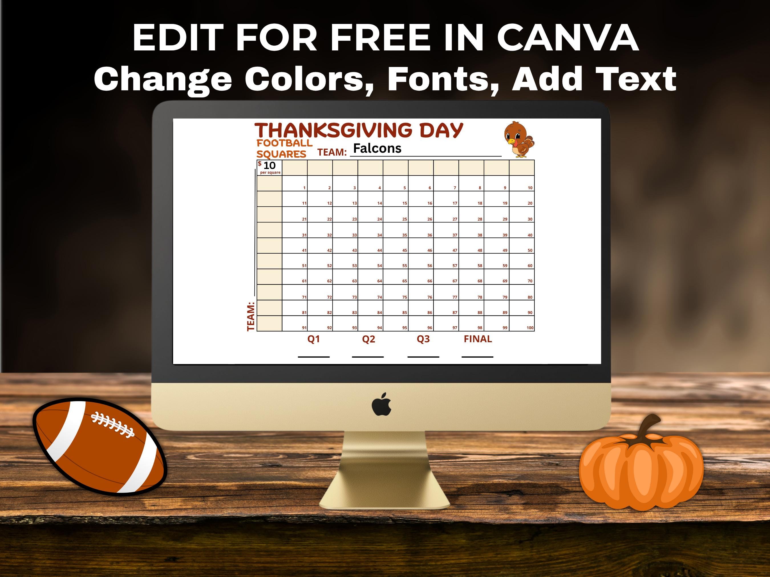 Thanksgiving Football Squares, Edit in Canva, Office Football Pool ...