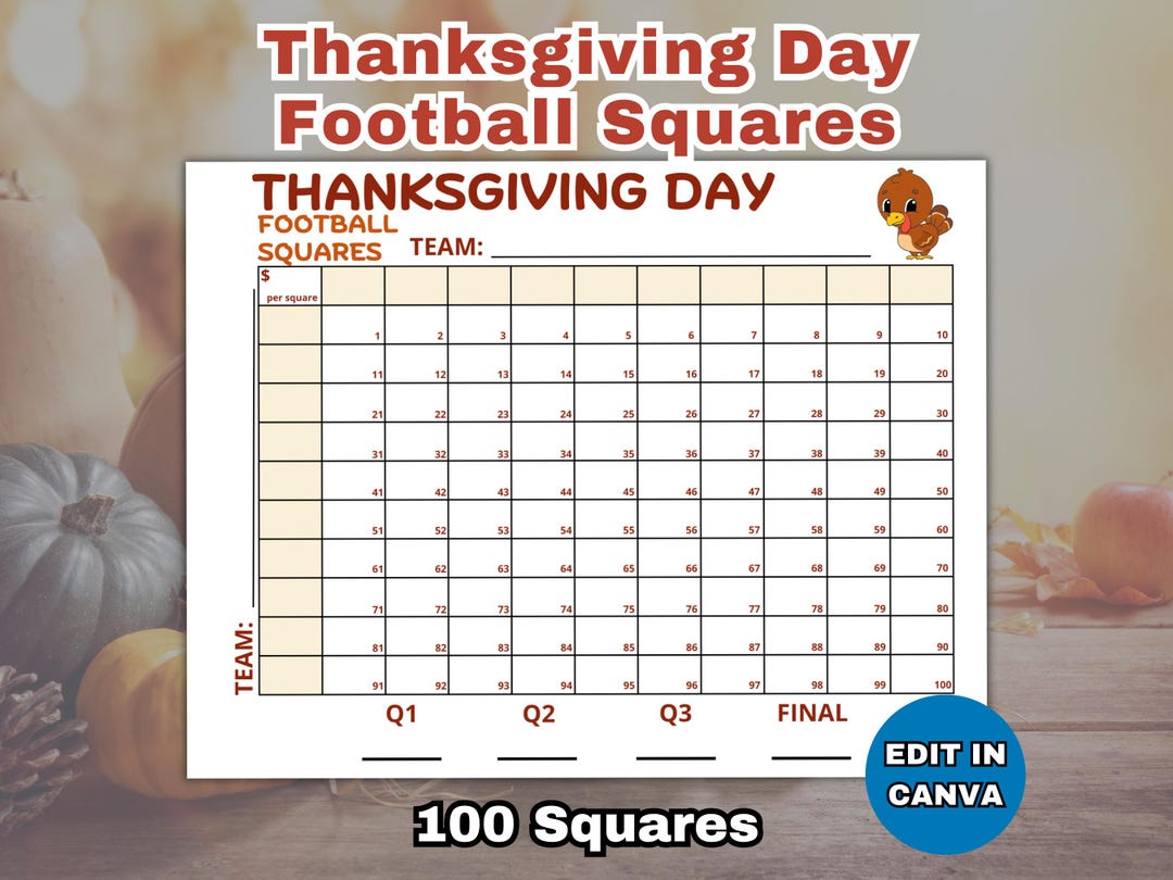 Thanksgiving Football Squares, Edit in Canva, Office Football Pool ...