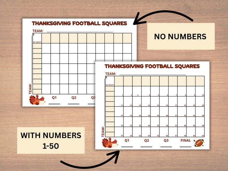 50 Thanksgiving Football Squares Game, Printable Office Pool (editable ...